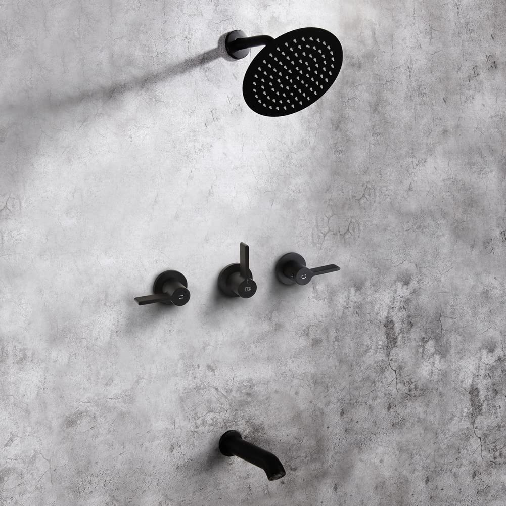 Matte Black 3 Handle Shower Faucet Set with Tub Spout, Tub and Shower Trim Kit with Rough-in Valve, Bathroom Rain Mixer Shower System, Rainfall Bathtub Shower Faucets