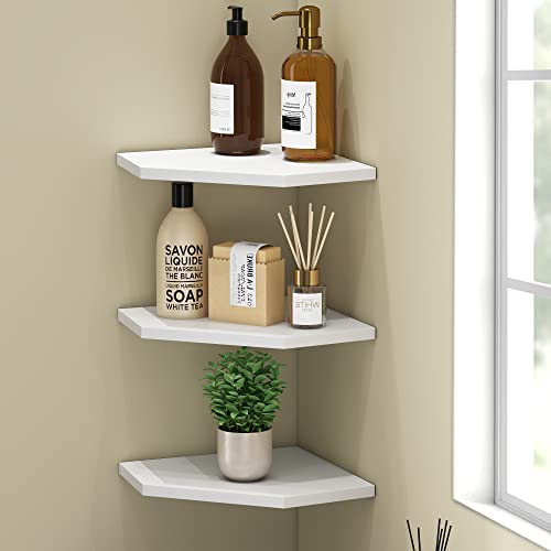 POCURBAN 12" Floating Corner Shelves Set of 3,Wall Mounted Storage Shelf with White Painted Finish for Small Plant, Photo Frame, Toys TV Accessories, Speaker, Cable Box, Game Console and More