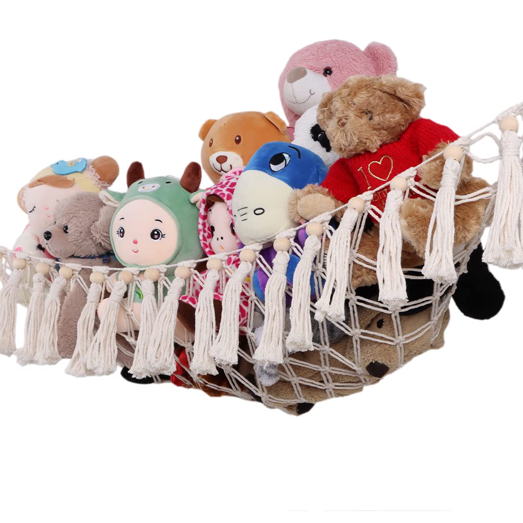 Moosky Stuffed Animal Net or Hammock with LED Light Toy Organizer Macrame Toy Hammock Stuff Animal Storage Corner Hanging Net Holder with Tassel & Hooks Boho Decor for Nursery Kids Room (Beige)