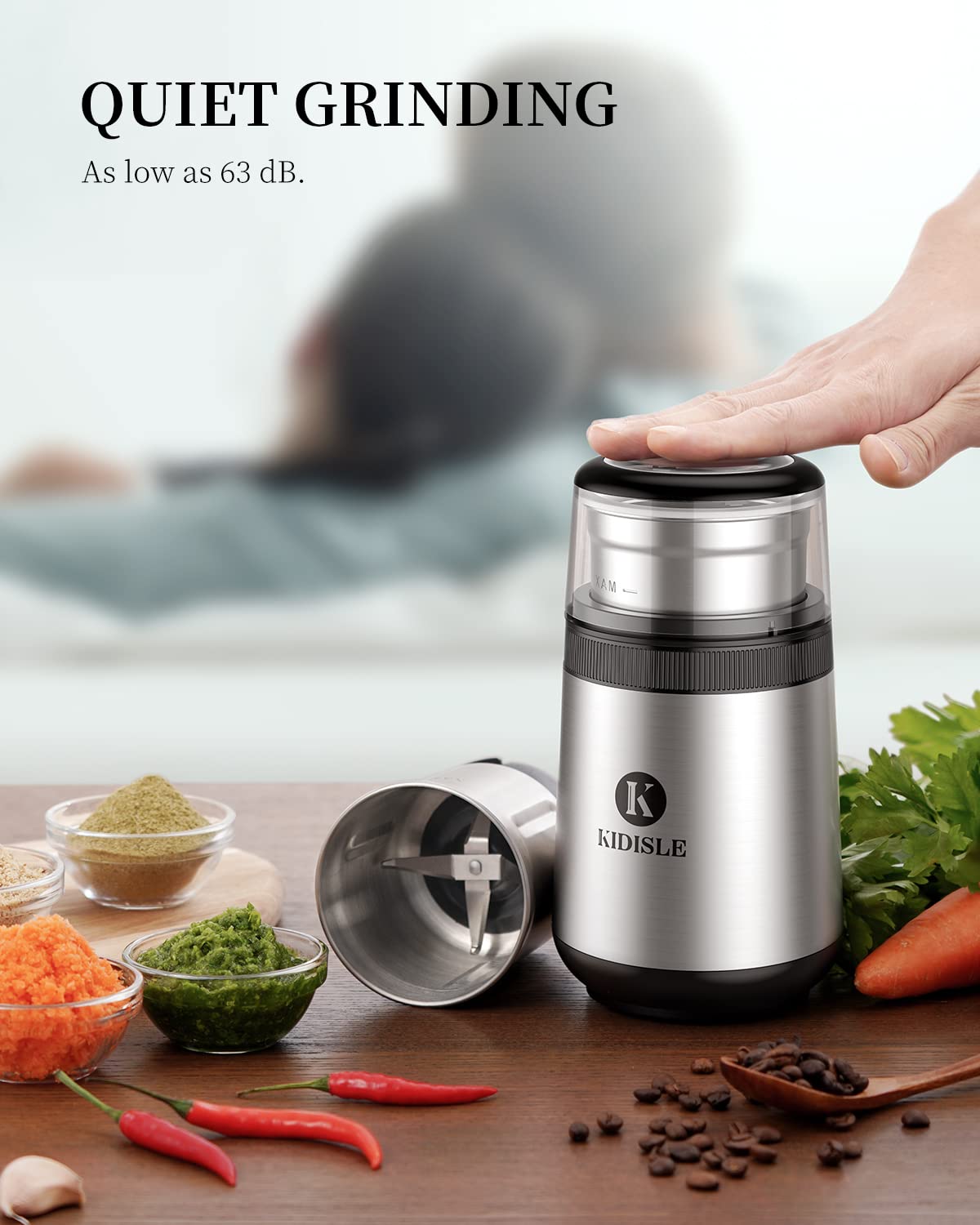 KIDISLE Coffee Grinder Electric, Herb Grinder, Spice Grinder, Coffee Bean Grinder, Espresso Grinder with 2 Removable Stainless Steel Bowl,Silver