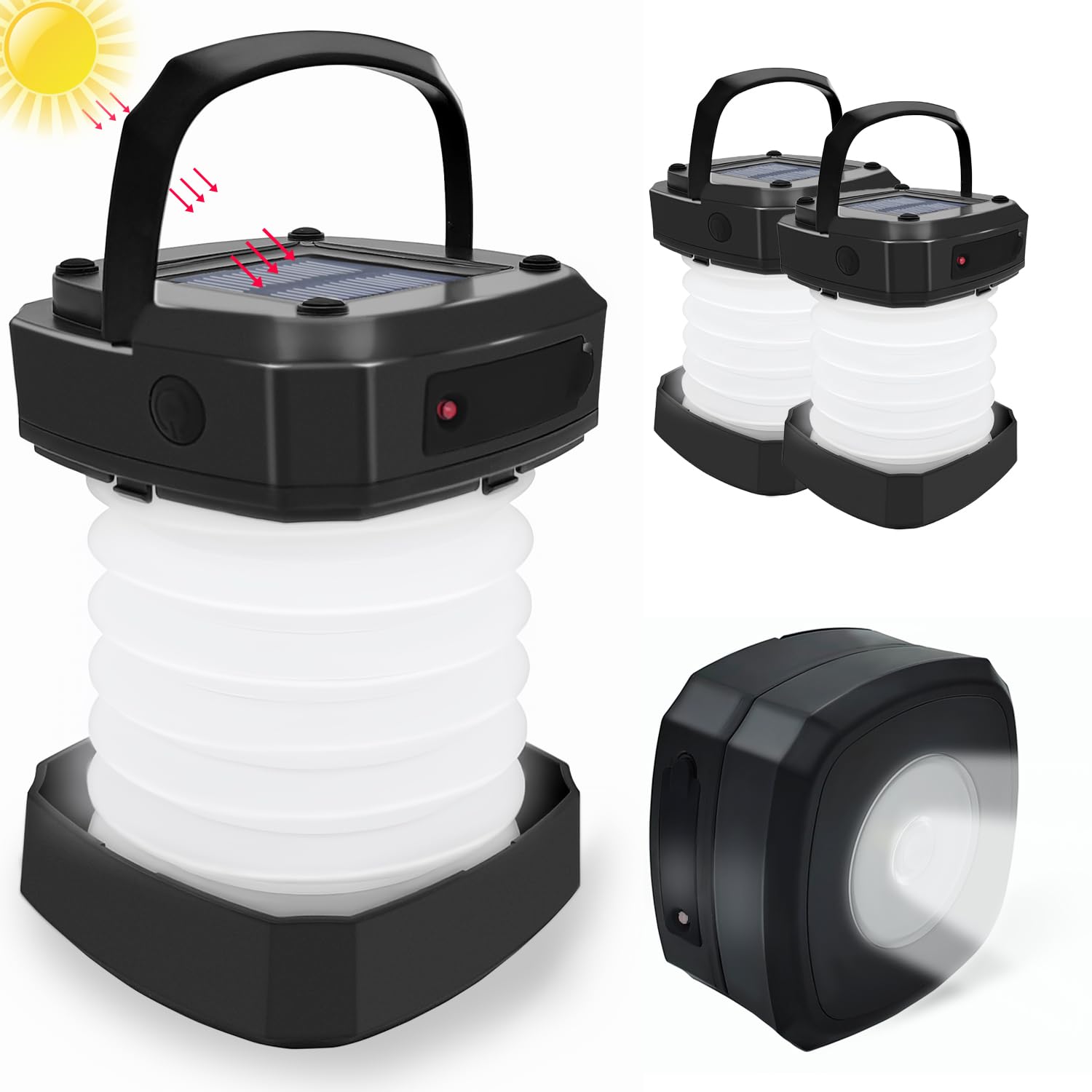 PEKPAK Solar Powered Lantern Flashlight,2-Pack Collapsible LED Camping Lantern,Portable USB Rechargeable Lamp for Power Outages,Emergencies,Hurricanes,Tent Lighting,Hiking,Backpacking Gear(Black)