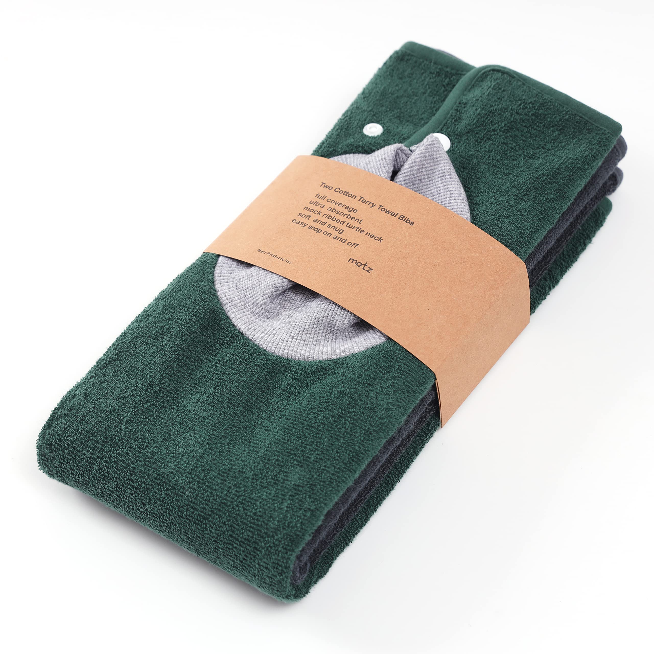 MATZ Bib - Waterproof Backing Full Coverage Ultra Absorbent Cotton Terry Towel Snap On Bib with Comfortable Ribbed Neck