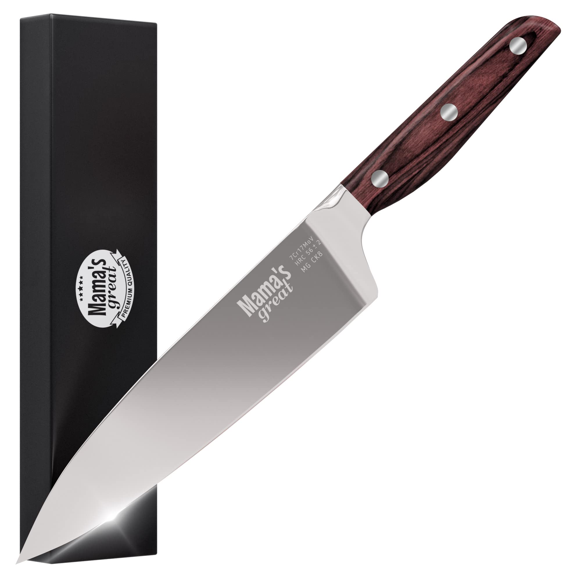 Mama's Great 8 Inch Chef Knife. Razor Sharp Full Tang Blade & Ergonomic Pakkawood Handle. Professional Chef Knife For Daily Cooking, Mincing, Slicing And Dicing. Comes In A Giftable Box.