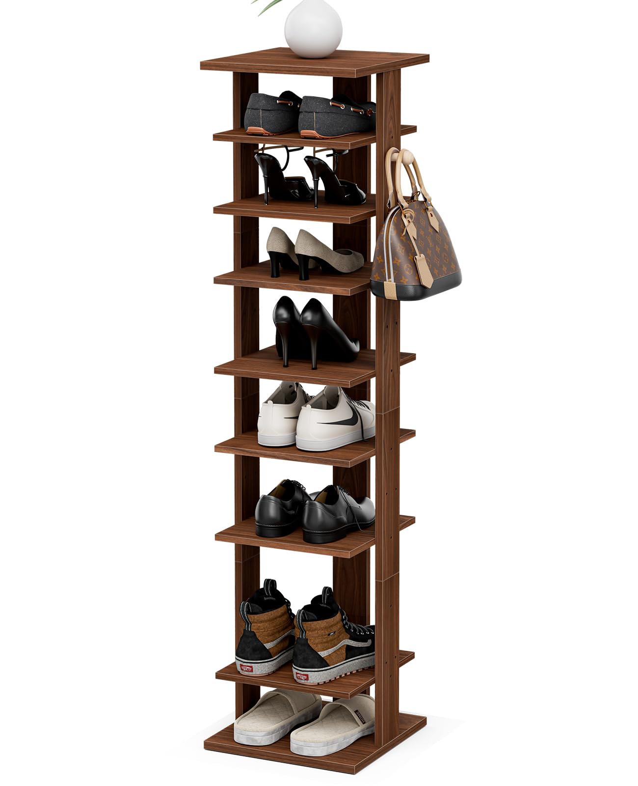 XBurmo Vertical Shoe Rack,9 Tier Shoe Storage Organizer with Hooks,Tall Shoe Tower,Slim Standing Shoe Shelf,Wooden Cubby Shoe Storage for Entryway/Small Spaces/Closet/Corner(walnut)