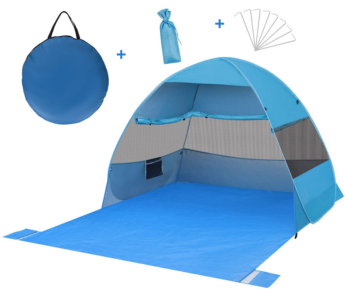 Large Pop Up Beach Tent for 3-4 Person, UPF 50+ Beach Sun Shade, Automatic Beach Sun Shelter Umbrella with Carry Bag, Lightweight and Easy Set Up