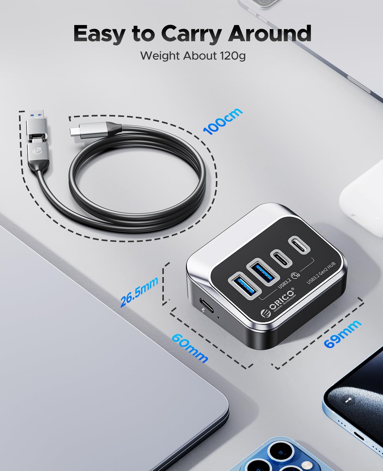 ORICO USB Hub 10Gbps with 2 USB A Ports+2 USB C Ports, USB 3.2 Gen 2 Hub with 1.64Ft USB-C Cable and USB-A Adapter USB Splitter for iMac, All MacBooks, Mac Mini