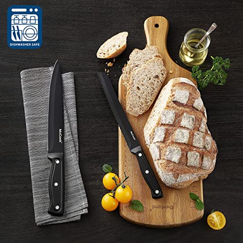 McCook Knife Set with Built-in Sharpener Block, MC701 Kitchen Knife Set with Block, 26 Pcs High Carbon Stainless Steel Kitchen Knife Sets with Block Self Sharpening, Black