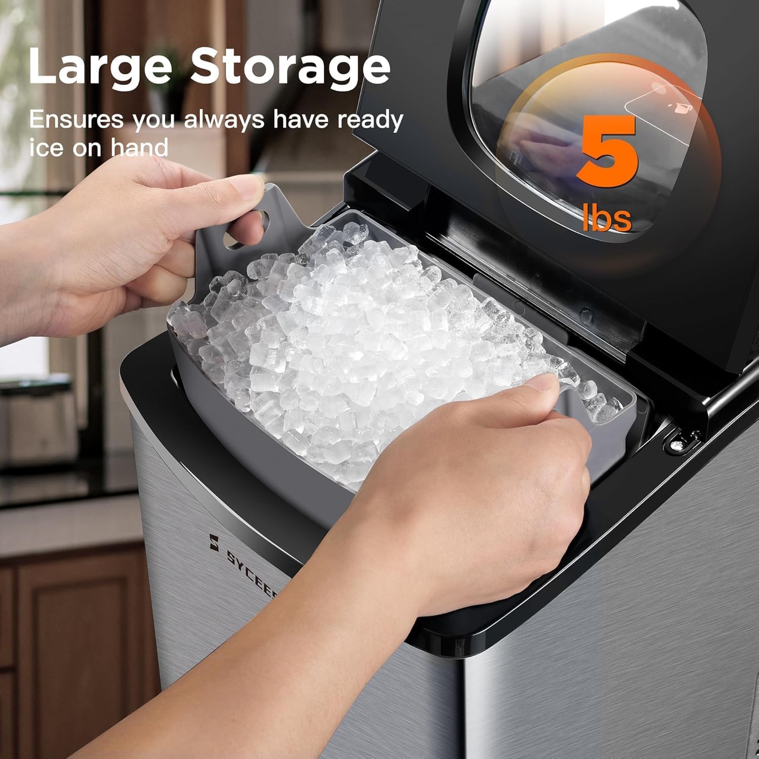 SYCEES 33lbs/24h Portable Nugget Ice Maker for Countertop, 5lbs Ice Storage, Pellet Ice Ready in 10 Mins, Self-Cleaning, Touch Control, Stainless Steel Sonic Ice Machine for Home, Bar, Office