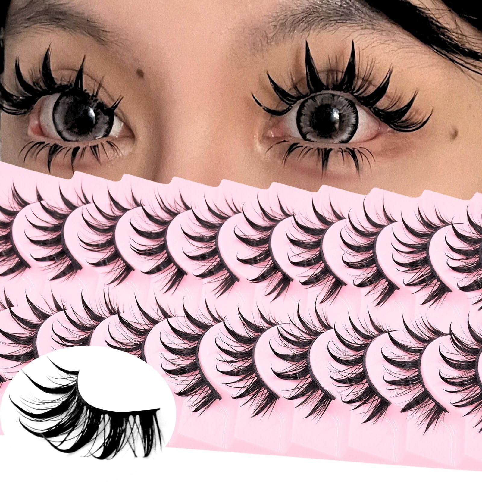 Manga Lashes Natural Look 10Pairs False Eyelashes Anime Wispy Spiky Volume 3D Effect Eyelashes Pack Japanese Korean Asian Cosplay Look Lashes By AUGENLI (7C)