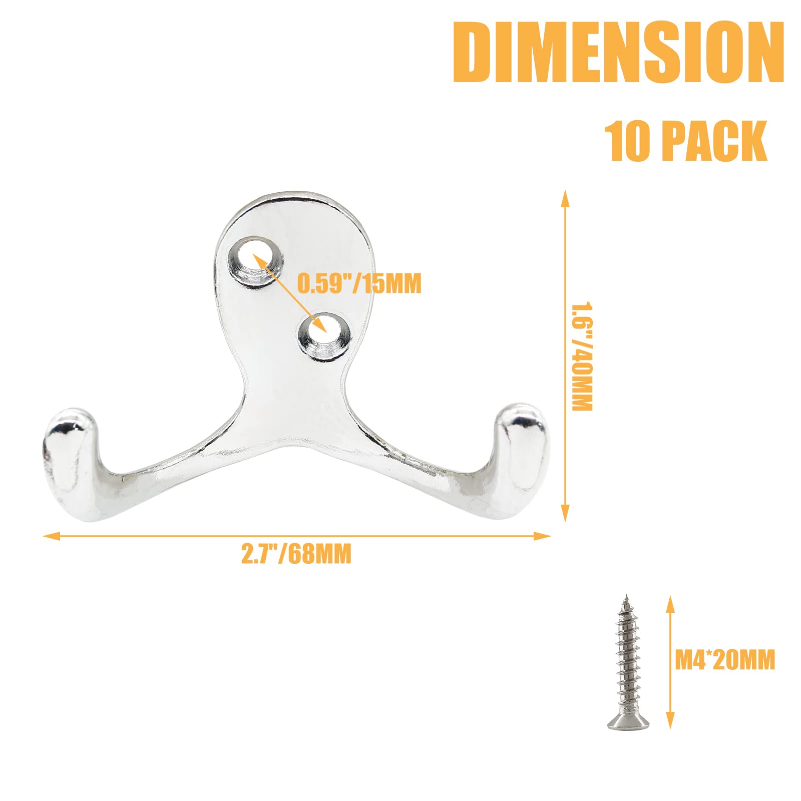 suiwotin 10pcs Coat Hooks, Heavy Duty Wall Hook, Double Prong Robe Hook Wall Mount Hanging Hooks for Closet Clothes, Coat, Bag, Scarf, Towel, Hat, Cap, Key (Chrome)