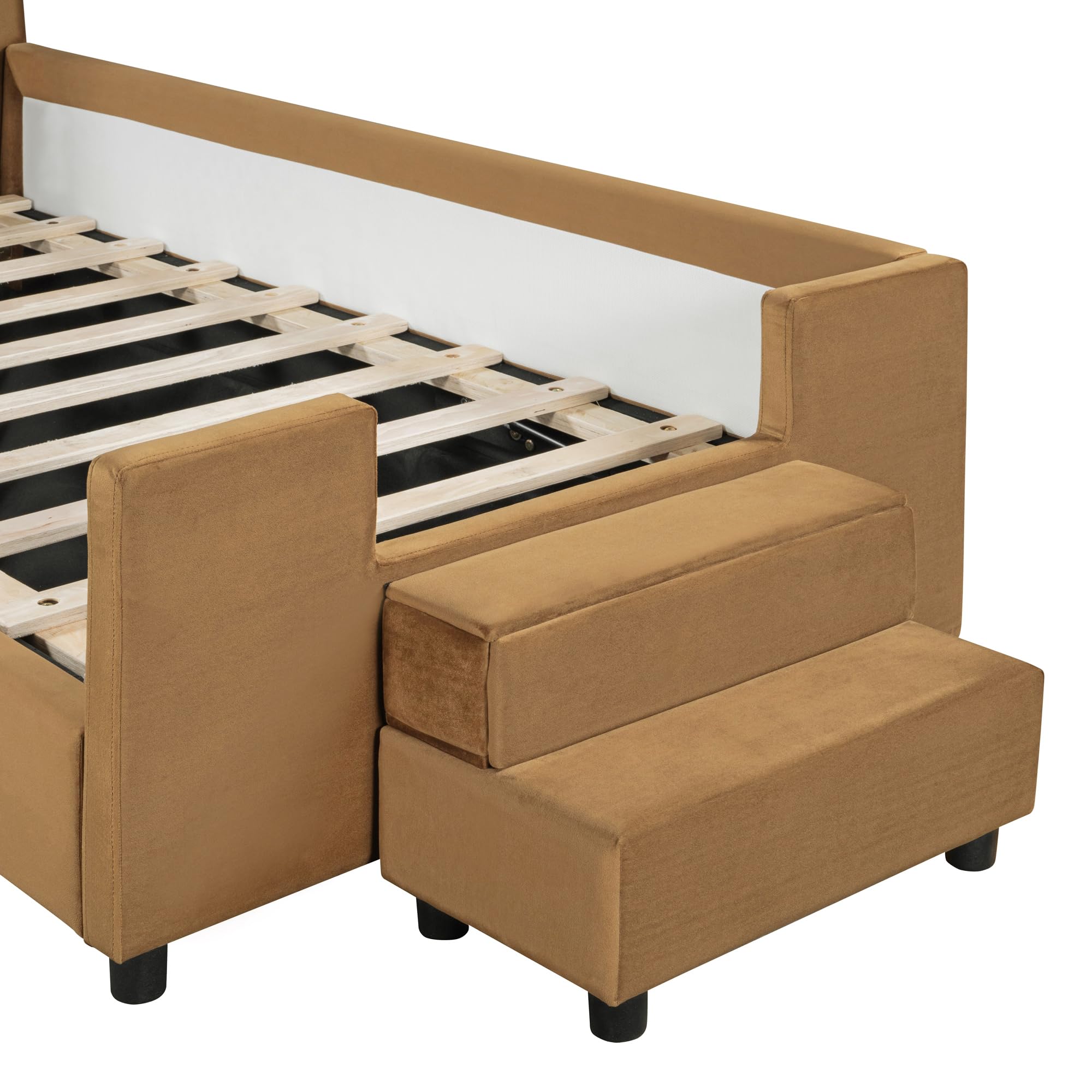 Luxo Abode Twin Size Upholstered with Bear Shaped Headboard, Velvet Daybed w/Hydraulic System and Breathable Mesh Fence, Easy Assembly and No Spring Need, for Kids Teens Bedroom, Brown