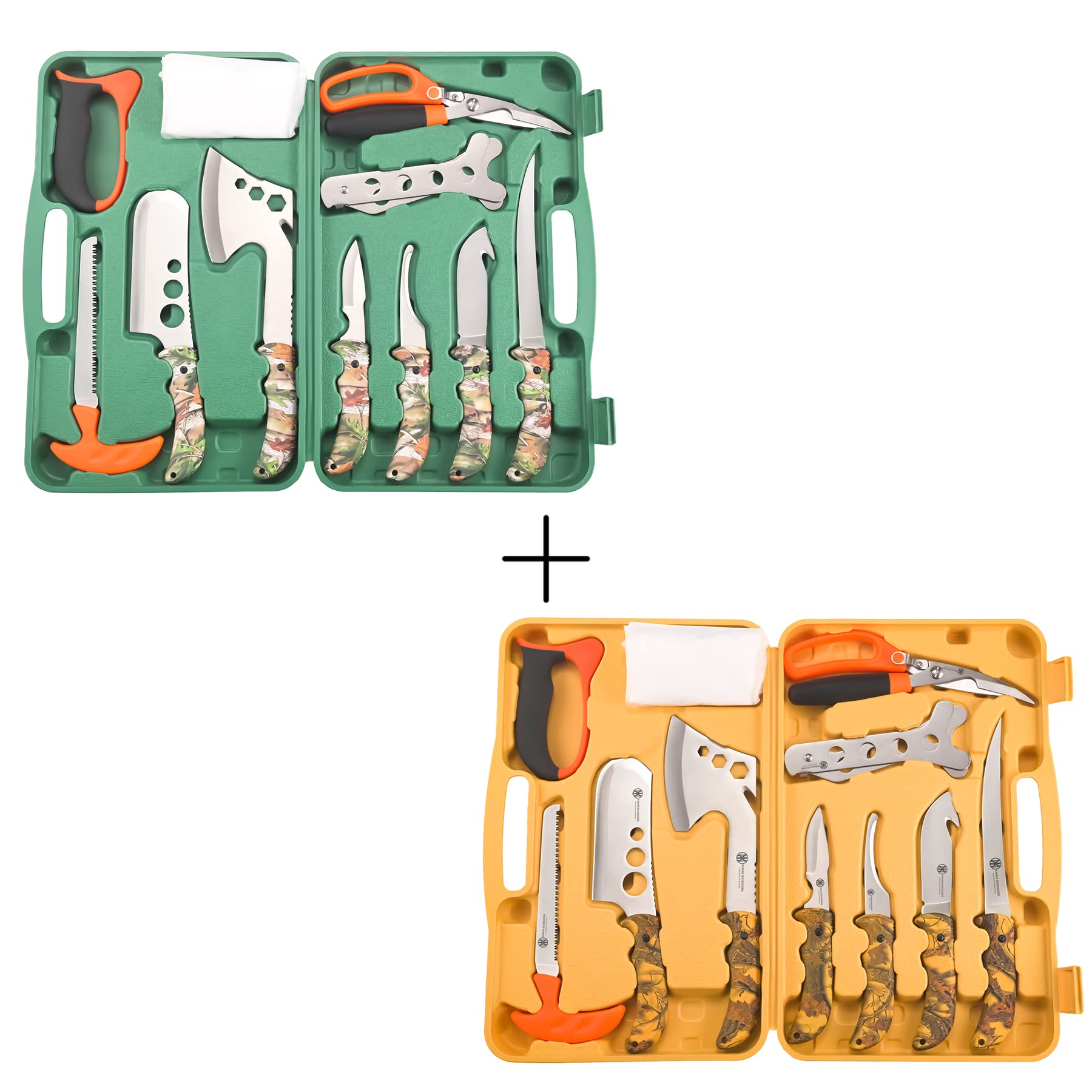 KNINE OUTDOORS 2022 Hunting Deer Knife Set Yellow Handle Field Dressing Kit Portable Butcher Game Processor Set, 12 Pieces, Yellow Green Case