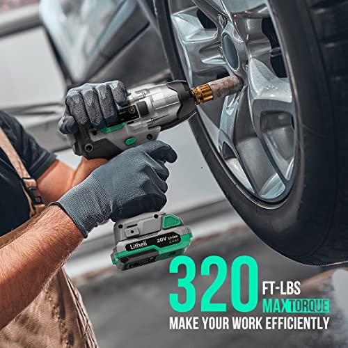 Litheli Impact Wrench Cordless, 1/2 inch Power Impact Driver with 320 ft-lbs(430N.m) Max Torque, 20V Impact Gun Kit with 2.0Ah Li-ion Battery & Fast Charger for Car Home