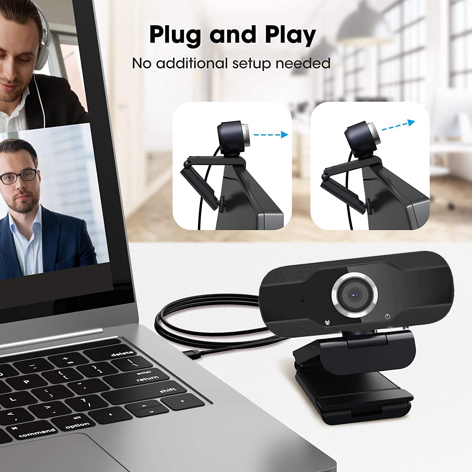 Lopunny HD Webcam for Video Conference, 1080P Webcam with Microphone and Privacy Cover, Anti-peeping Rotatable Camera with Noise Reduction, Auto Low Light Correction (White)
