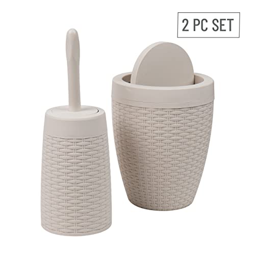 Mind Reader Basket Collection, Round Wastepaper Basket and Toilet Brush Set, Premium Wicker Design, 2 Piece Set, Swivel Lid Bin is 8.75"W x 11.25"H, Brush is 15.25"H, 8.75"L x 8.75"W x 11.25"H, Ivory
