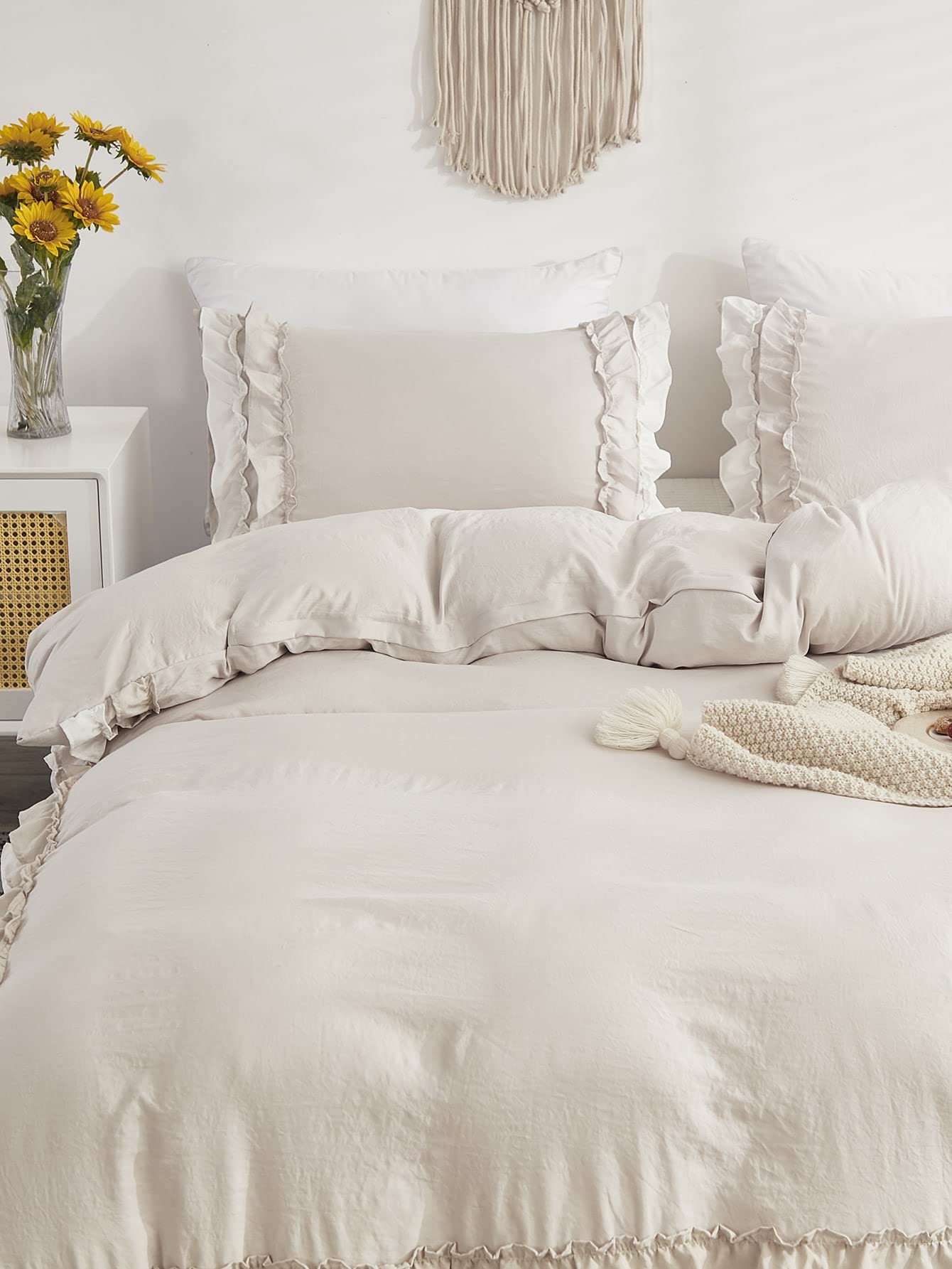 QWINEE 3Pcs Shabby Chic Double Layer Ruffle Duvet Covers Sets Soft 3 Pieces Boho Vintage Farmhouse Bedding Set with 1 Comforter Cover and 2 Pillowcases for All Season Rustic Lightweight Beige Queen