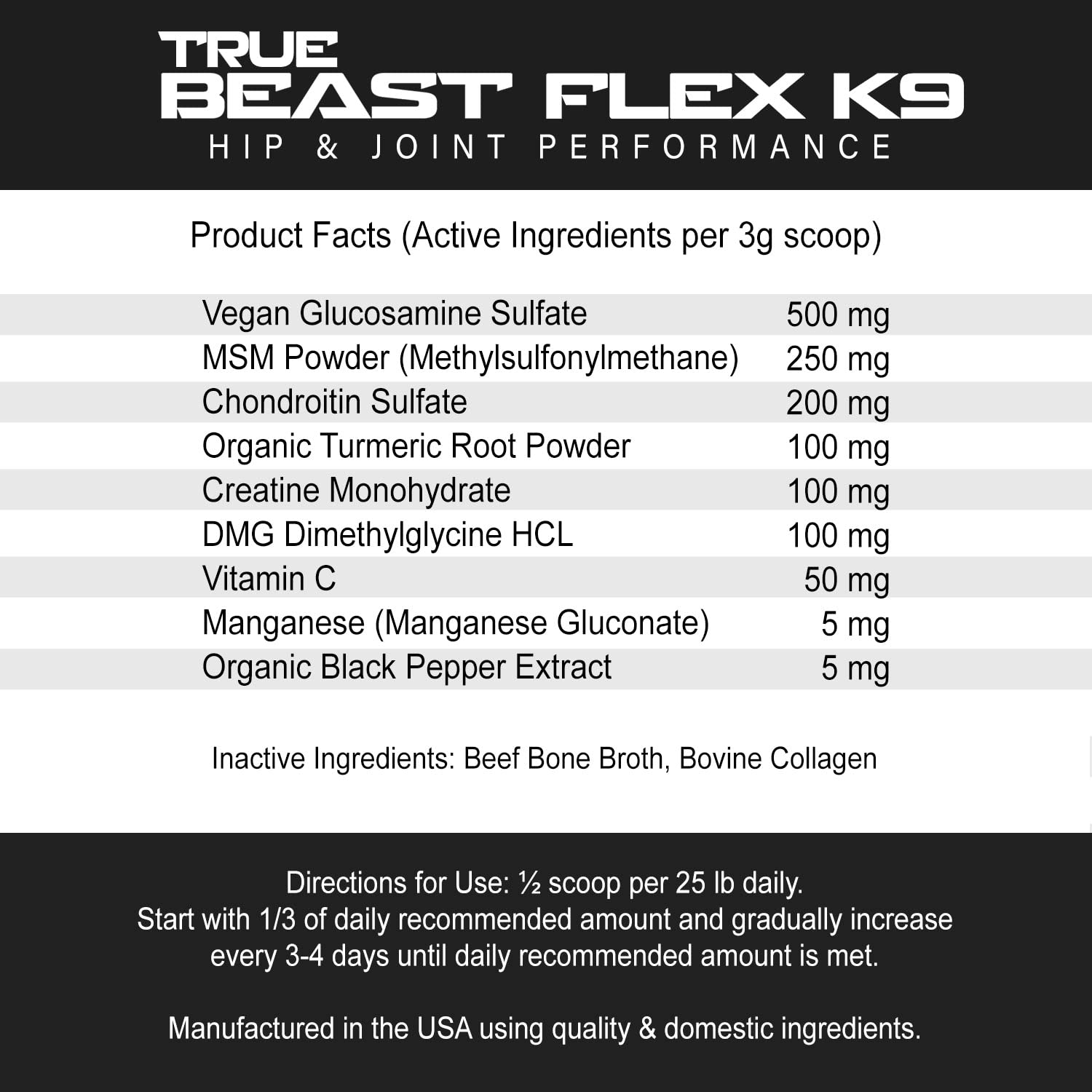 True Beast Flex K9 Hip, Joint, Muscle Builder & Performance Supplement for Dogs (Veterinarian Formulated) Glucosamine, MSM, Chondroitin, Creatine, DMG, Organic Turmeric, Vitamin C, Manganese.
