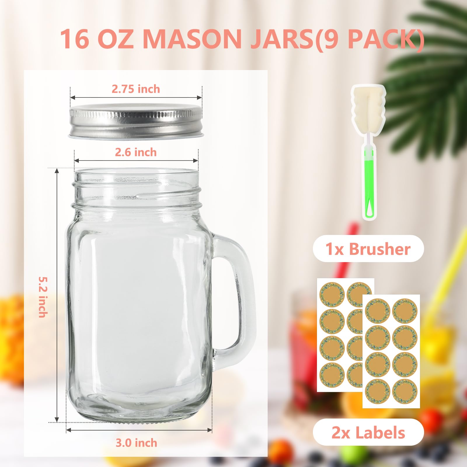 SZUAH Mason Jar with Handle, 9 Pack 16 oz Mason Jar Mugs, Drinking Jars, Glass Mason Jar Cups with Lids and Brush for Cocktails, Juice And Milk