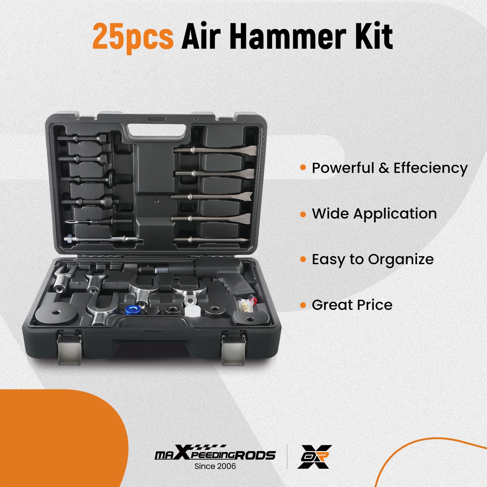 maXpeedingrods Air Hammer Kit, 25 PCS Multi-functional Pneumatic Hammer Piece Chisel Set, 2100 BPM Quick Change Retainer Air Hammer with Shovel Heads, Ball Joint Separator Set, Air hammer Bits