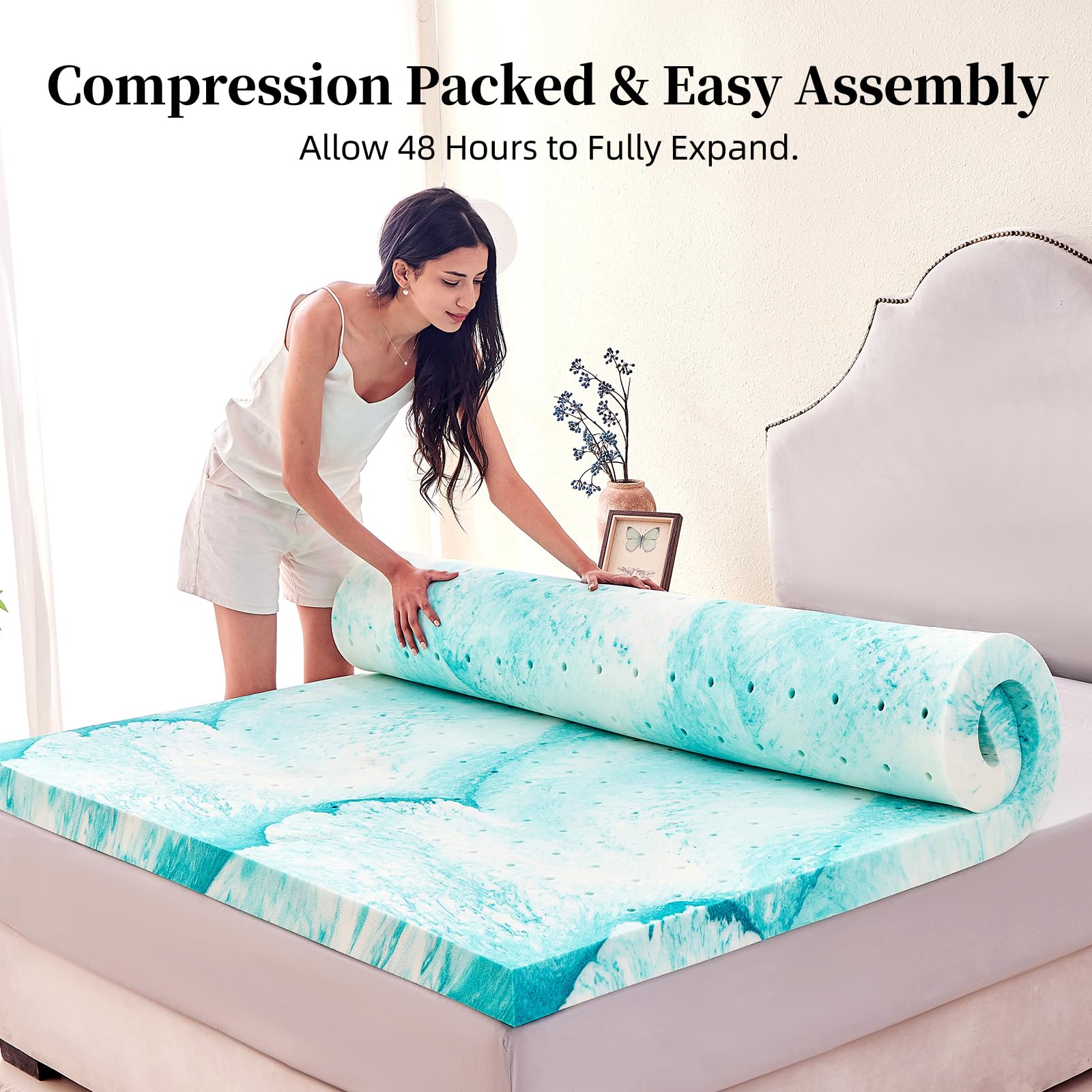 SIEMOUR 3 inch Memory Foam Mattress Topper King Size, Gel Infused Memory Foam Mattress Pad for Pressure Relief, 76x80 Inches, Blue