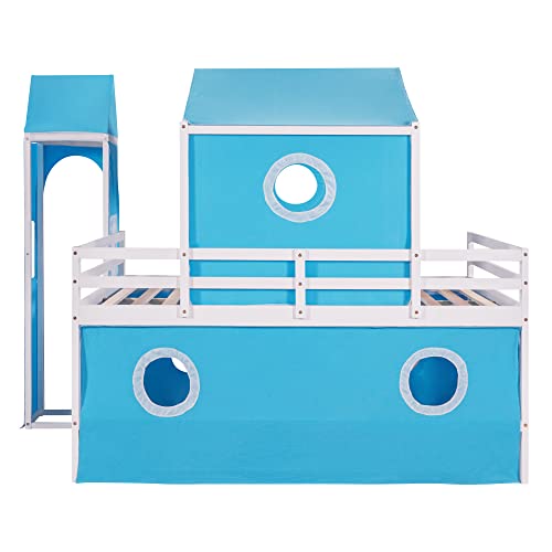 RORIGAT Castle Full Size Bunk Bed,Solid Wood Low Loft Bed Frame with Windows Slide, Tent and Tower,Bunk Bed for Kids Bedroom,Blue