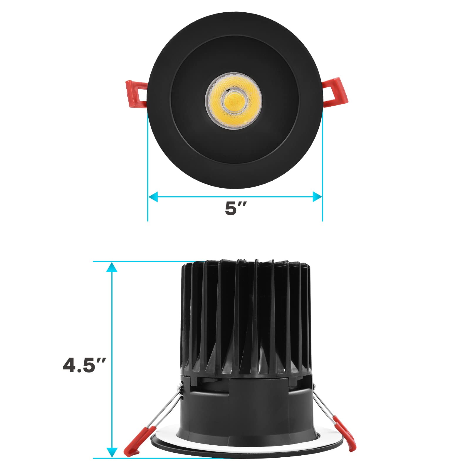 LUXRITE 4 Inch LED Recessed Lighting with Junction Box, 18W, CRI 90, 5 Color Selectable 2700K-5000K, 1500 Lumens, Regressed LED Downlight, 40° Beam, Dimmable, Wet Rated, IC Rated - Black (4 Pack)