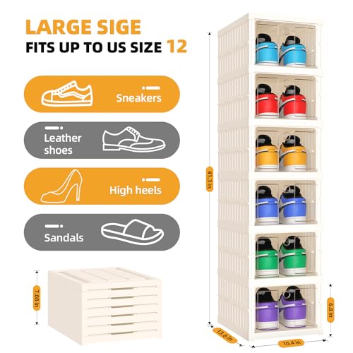 Foldable Shoe Storage Box, 6 Tier Plastic Shoe Storage Cabinet Organizer with Clear Door for Entryway, Shoe Sneaker Storage Containers Fit up to US Size 12, All-in-One