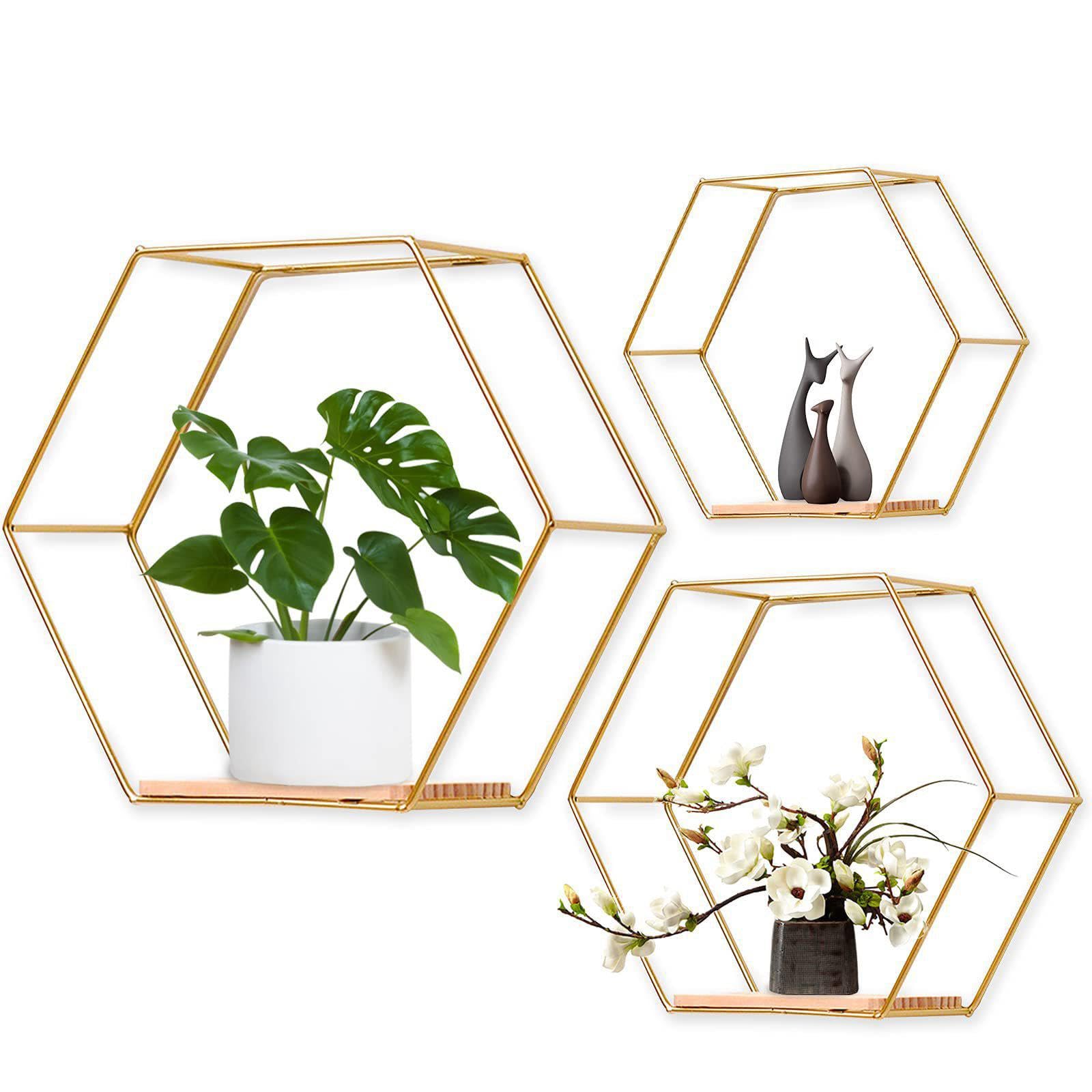 MYCENSE 5Pcs Hexagon Iron Wall Shelves Floating Shelf, Bathroom Wall Decoration Organizer, Storage Rack for Books Artworks Display, Golden