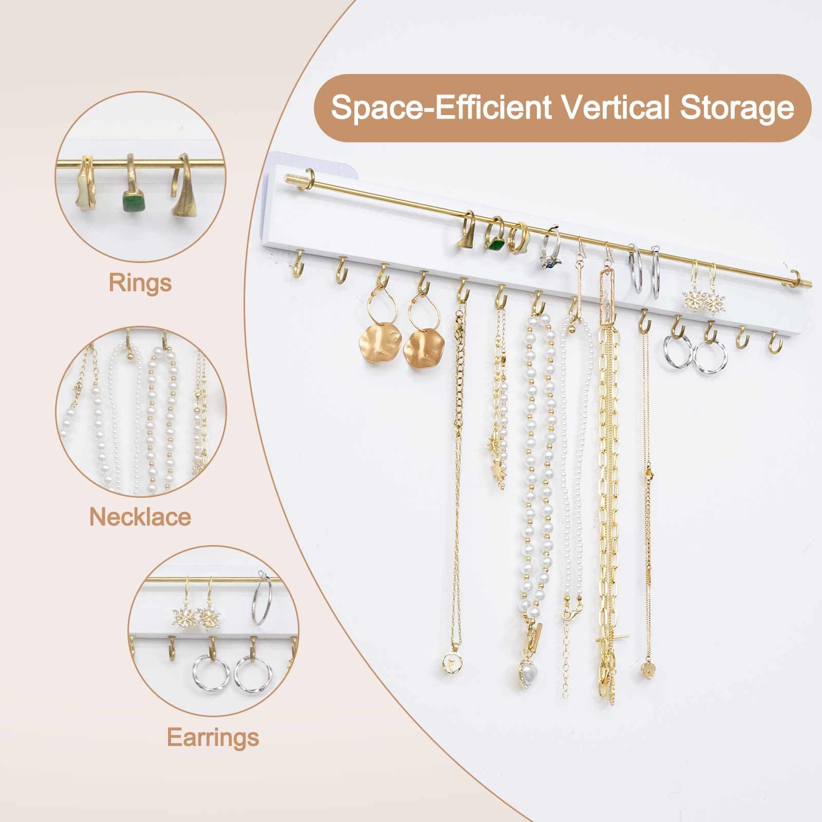 SCUNDA Wall Jewelry Holder Organizer, Adhesive Jewelry Organizer Wall Mount, Space-saving Jewelry Rack with 14 Hooks and Holder, Wooden Jewelry Shelf for Necklace, Earing, Ring, Bracelet(White)