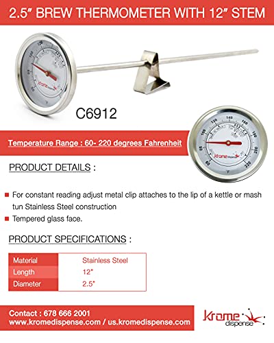 Krome Stainless Steel Instant Read Beverage and Frothing 2.5" Dial Thermometer, 12" Stem - C6912