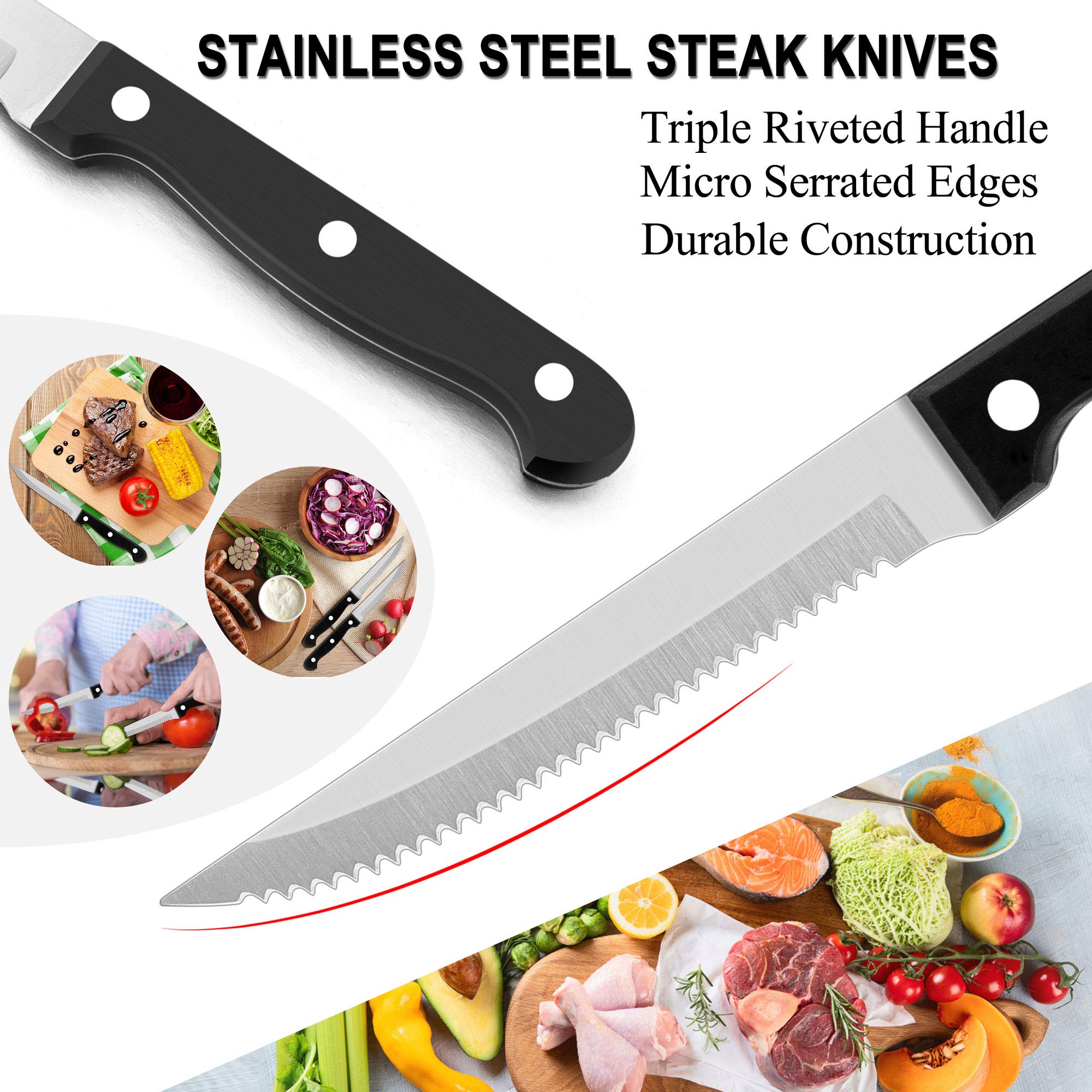LIANYU Steak Knives Set of 4, Stainless Steel Serrated Steak Knife, kitchen Camping Restaurant Steak Knives, Dishwasher Safe
