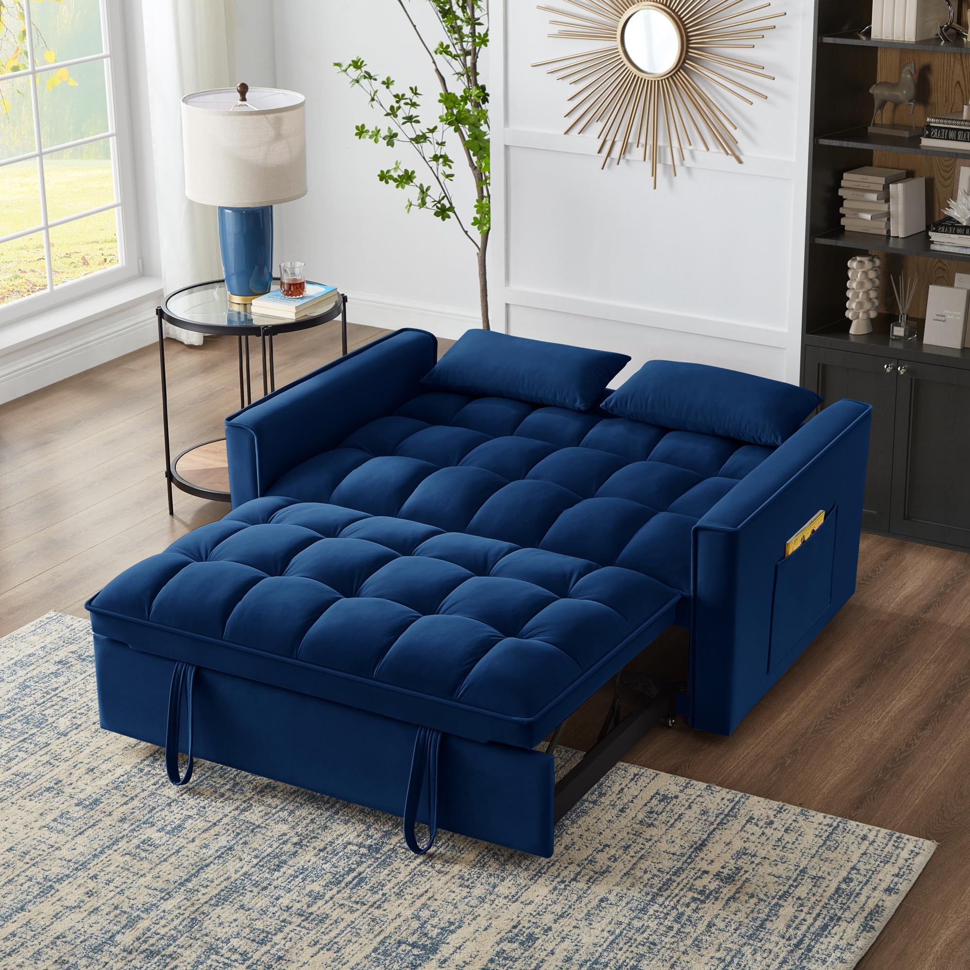 LUMISOL 4 in 1 Loveseat Sofa Bed with Armrests and Storage Pockets, Multifunctional Tufted Pull-Out Sofa Bed with Adjustable Backrest and Pillows, Convertible Loveseat Sofa Couch, 2 Seat, Blue