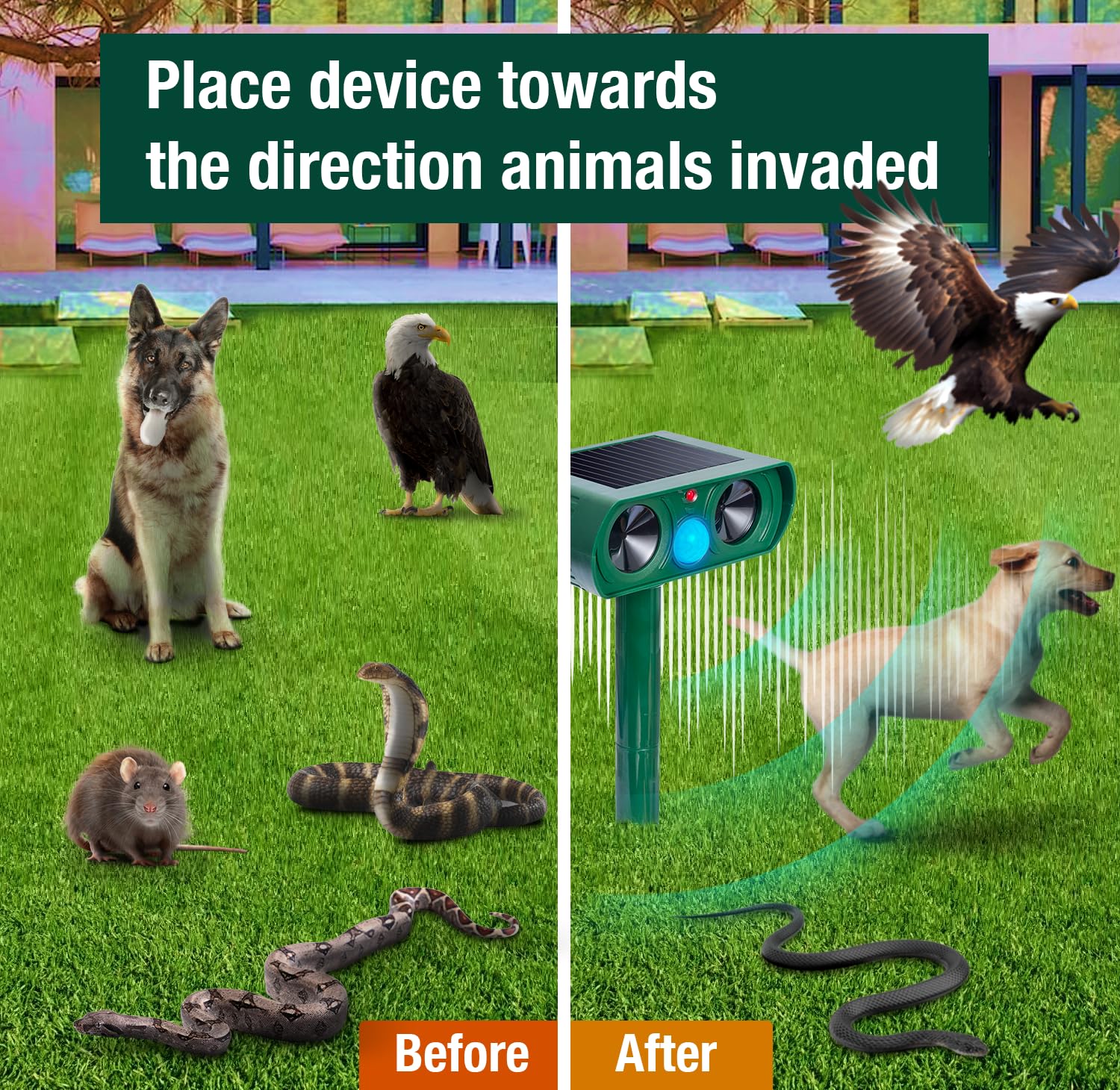 Solar Animal Repeller, 2 Pack Ultrasonic Animal Repeller Outdoor, Animal Deterrent Devices Repel Squirrel, Raccoon, Skunk, Fox, Deer, Waterproof with Motion Detector (Green)