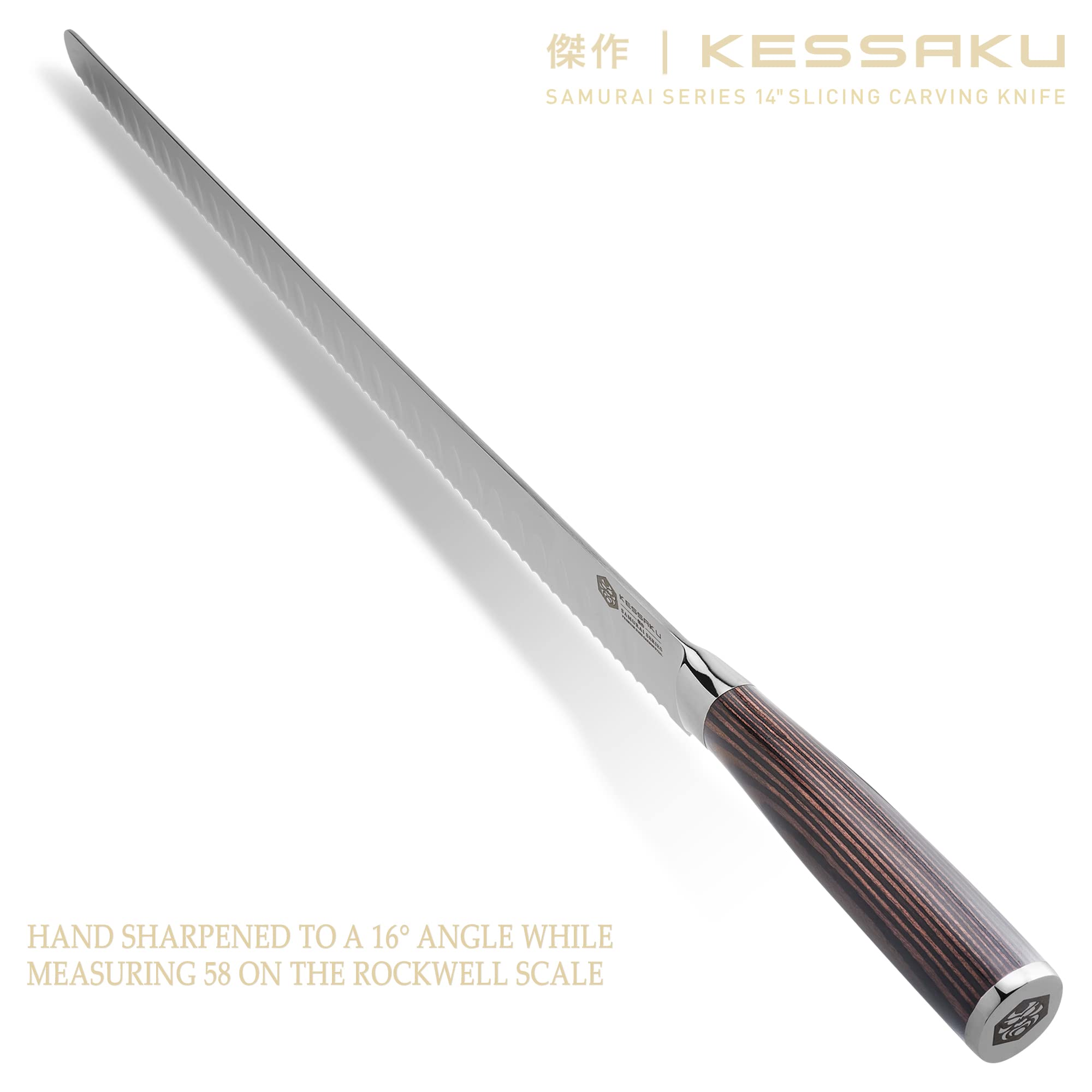 KESSAKU 14-Inch Slicing Carving Knife - Samurai Series - Serrated Granton Edge - Forged High Carbon 7Cr17MoV Stainless Steel - Pakkawood Handle with Blade Guard