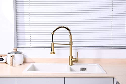Ntipox Brushed Gold Kitchen Faucet with Pull Down Sprayer,Brushed Brass Kitchen Sink Faucet Single Handle Single Lever ,Spring Rv Kitchen Faucet, 3 Function Laundry Faucet