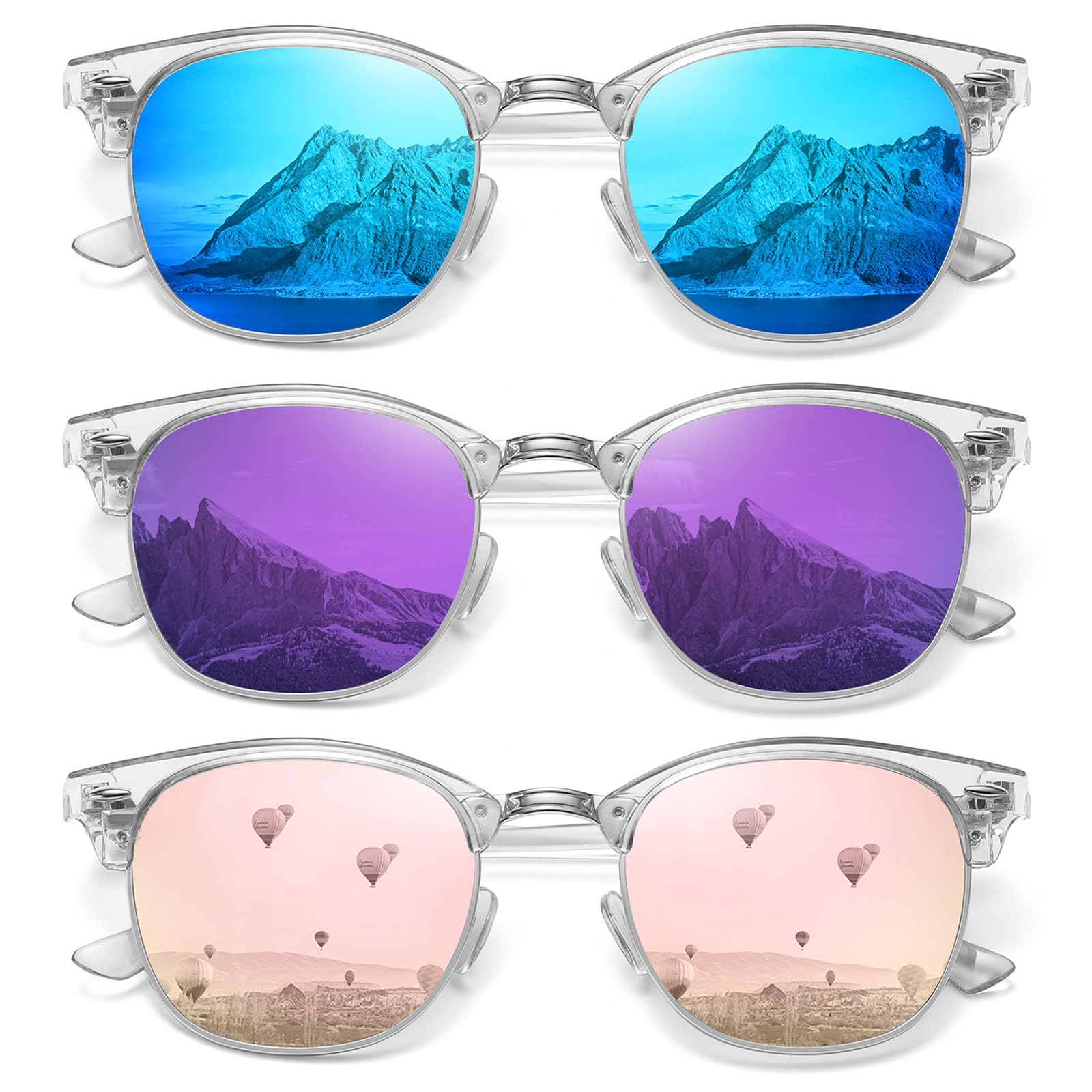 MEETSUN Retro Semi Rimless Polarized Sunglasses for Women Men Trendy Mirror Lens Driving Sun Glasses 3 Pack Black Brown Pink