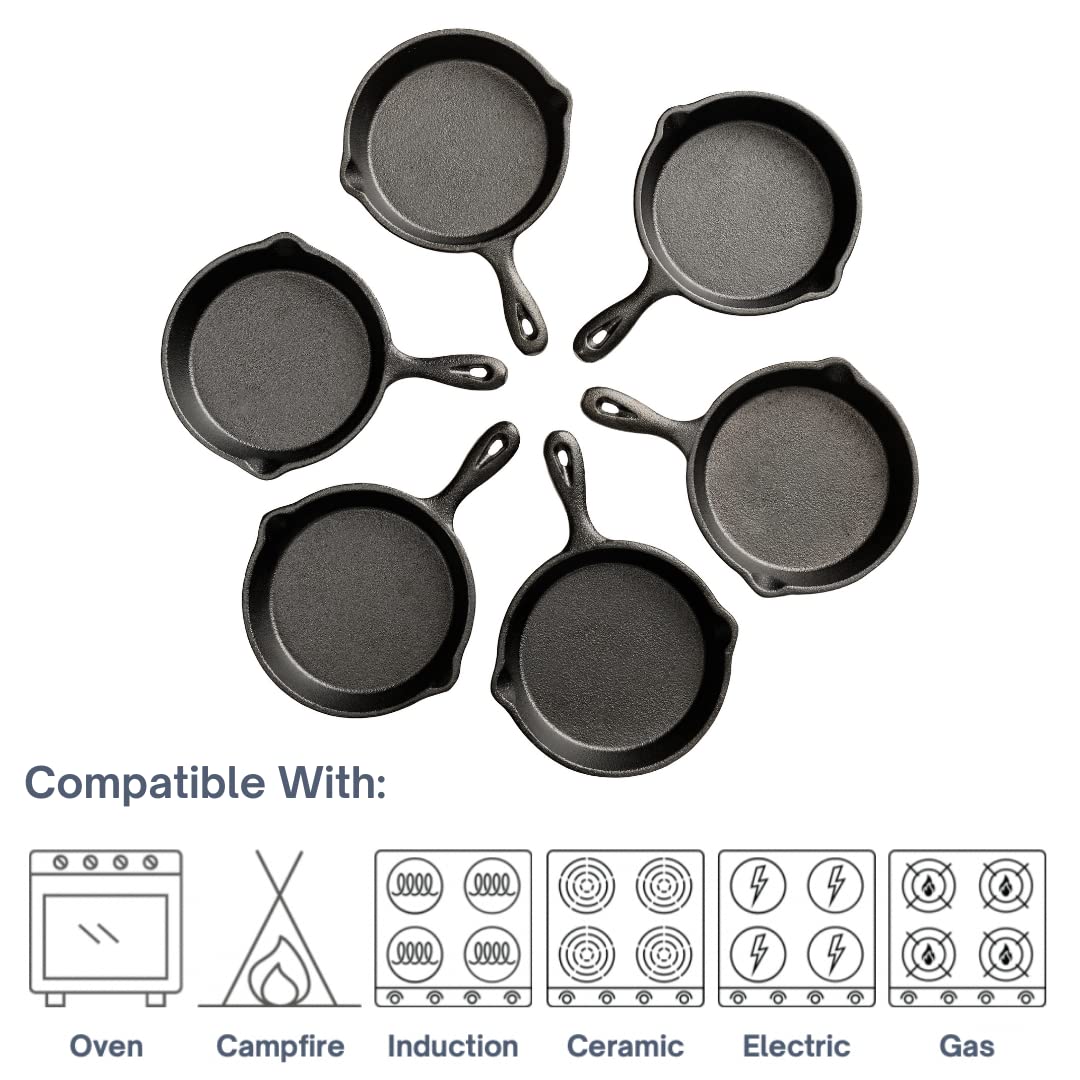 KUHA Mini Cast Iron Skillets 4β - 6-Pack of Pre-Seasoned Miniature Skillets - with 6 Small Silicone Trivets and Cast Iron Scraper