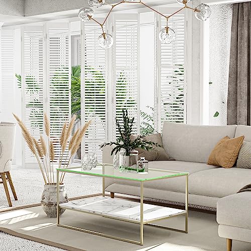 Tilly Lin 35" Elegant 2 Tier Glass Top Coffee Table with White Faux Marble and Gold Metal Legs, Rectangular Cocktail Table with Storage for Living Room