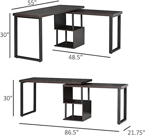 Royal Wood 55" 360° Rotating L-Shaped Home Office Computer Desk, Rotating Corner Desk with Storage Shelves, Left or Right Side Combo Table, Study Writing Desk Two Workstations,Espresso