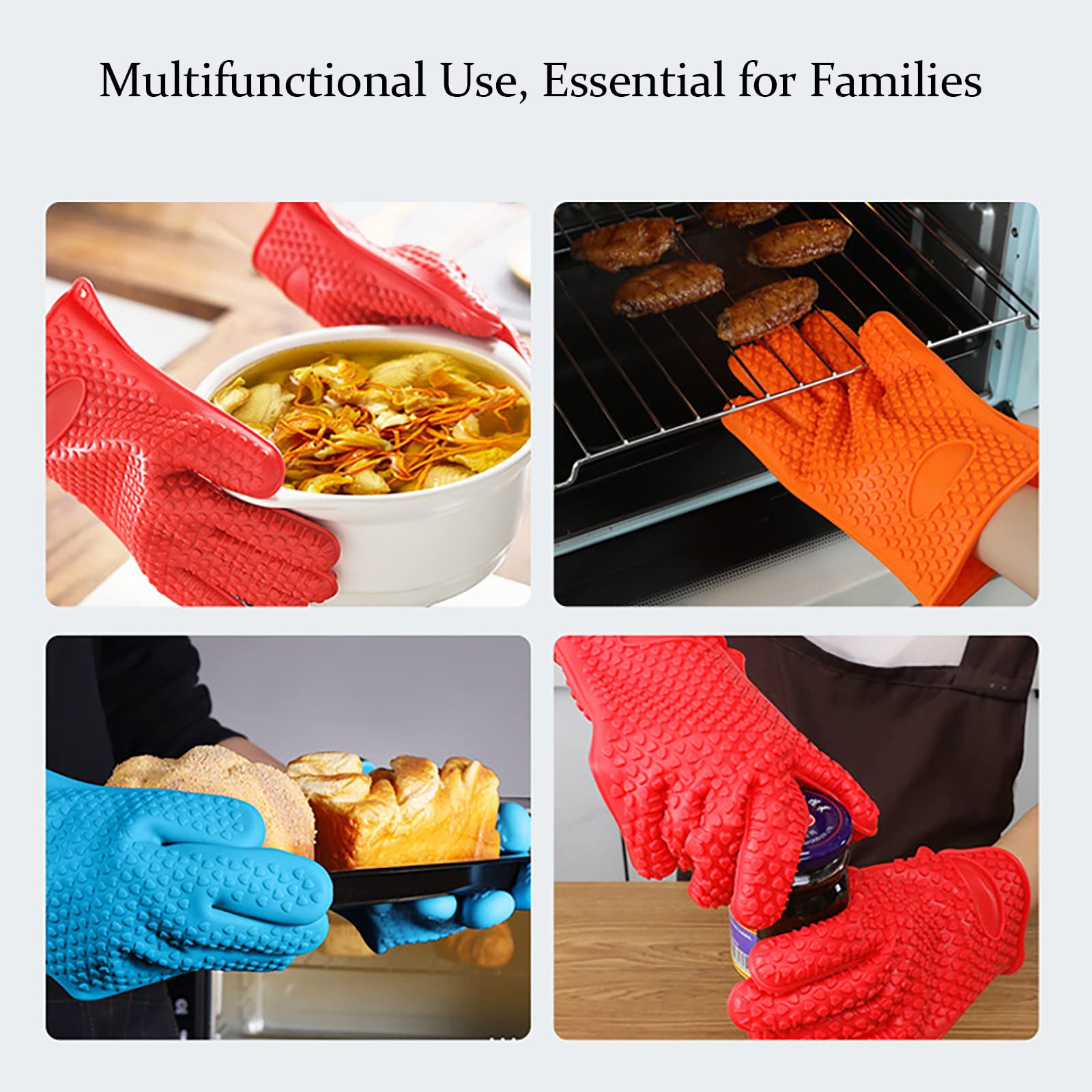 JOVEHO Silicone Non-Slip Oven Mitts, Heat Resistant Gloves, Waterproof Oven Gloves, Kitchen Oven Mitts for BBQ, Cooking, Baking, Frying-Red