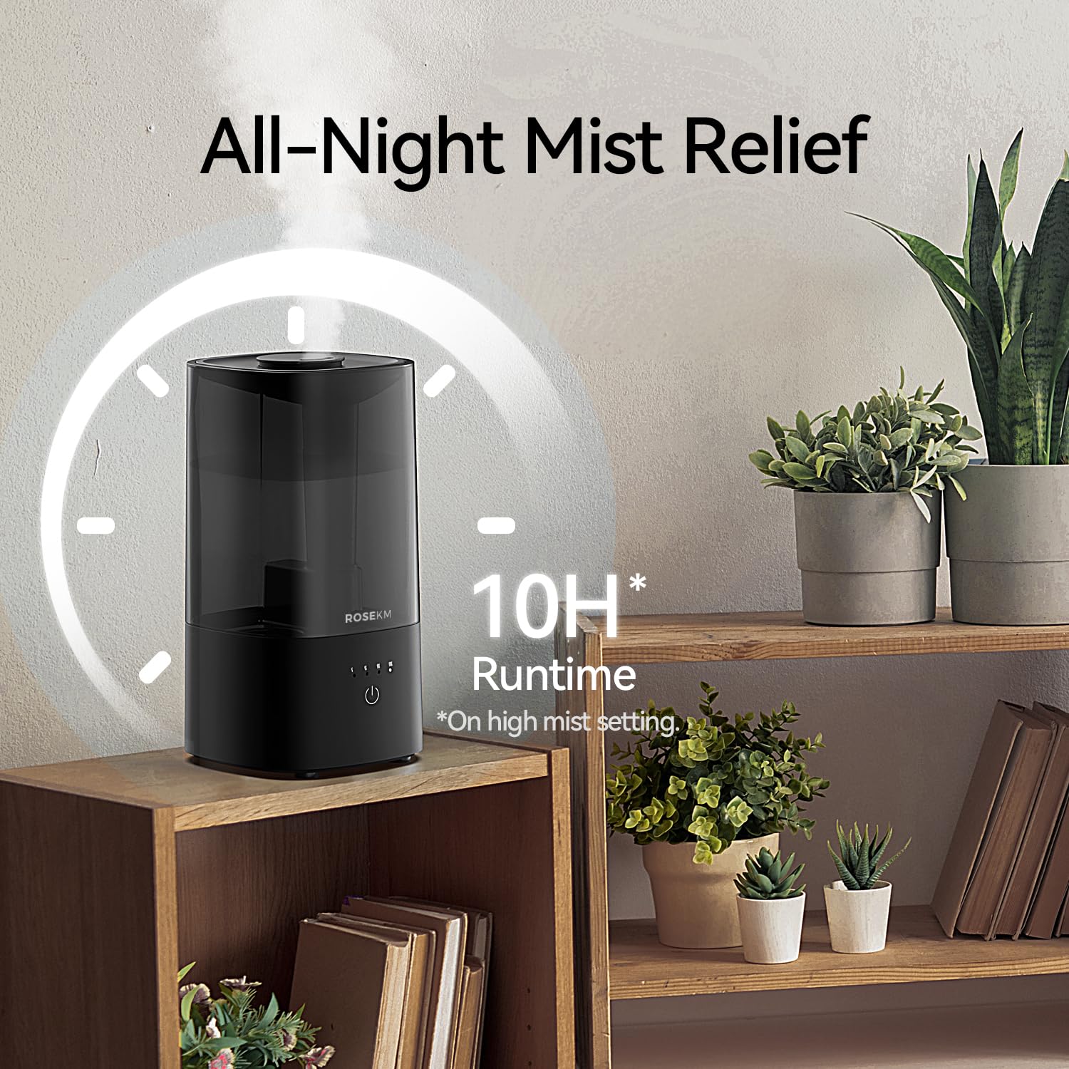 ROSEKM Cool Mist Humidifiers for Bedroom, 2.0L Small Humidifier for Baby and Plant, Last Up to 10H on Max Mist Setting, Auto Shut-Off, Auto-Off Indicator, 360ยฐ Nozzle (Black)