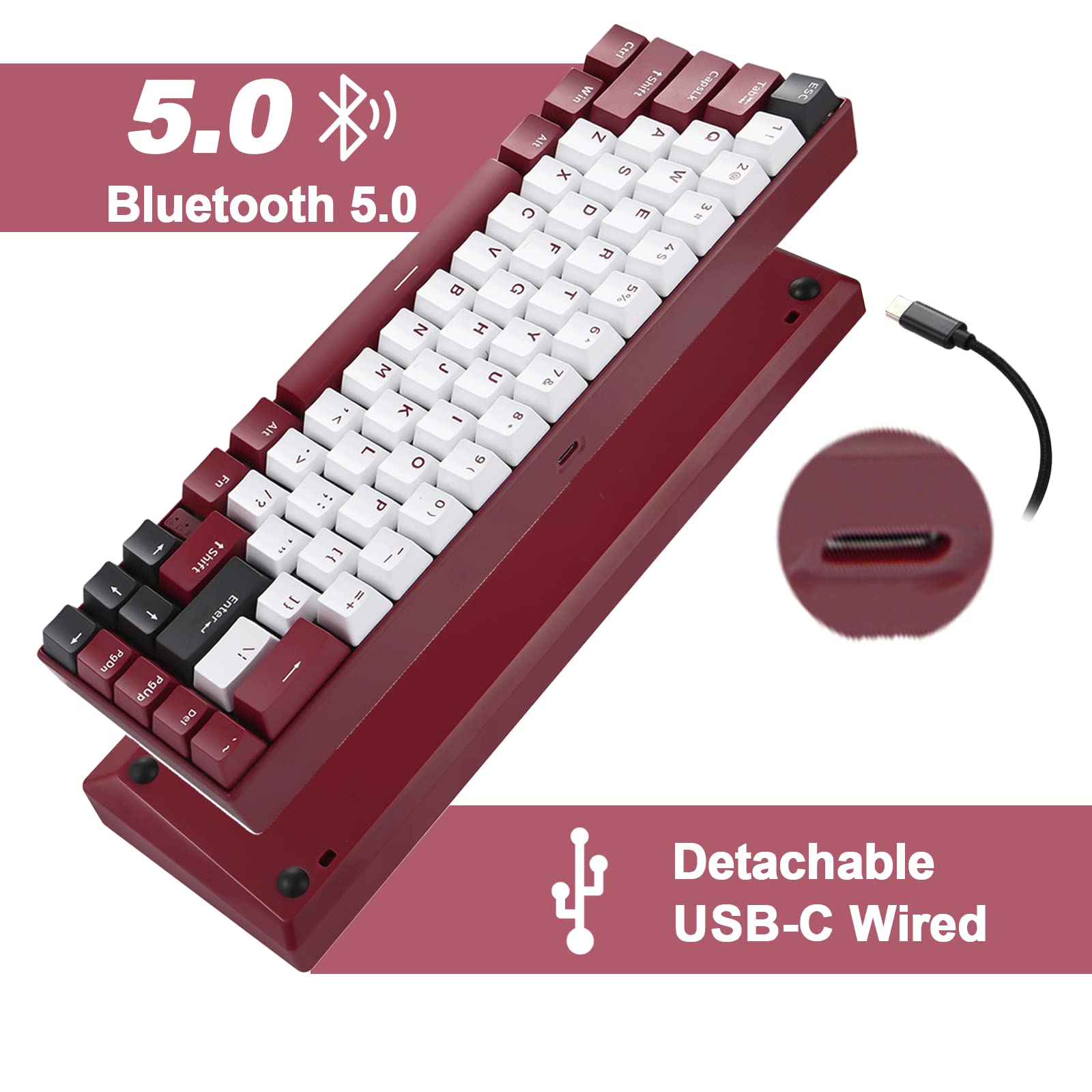 MOTOSPEED BK67 Bluetooth 5.0 Wired Mechanical Keyboard with Red Switch/LED Backlit/Rechargeable Battery/Type-C,67 Keys Compact Gaming Keyboard Compatible with Mac Windows