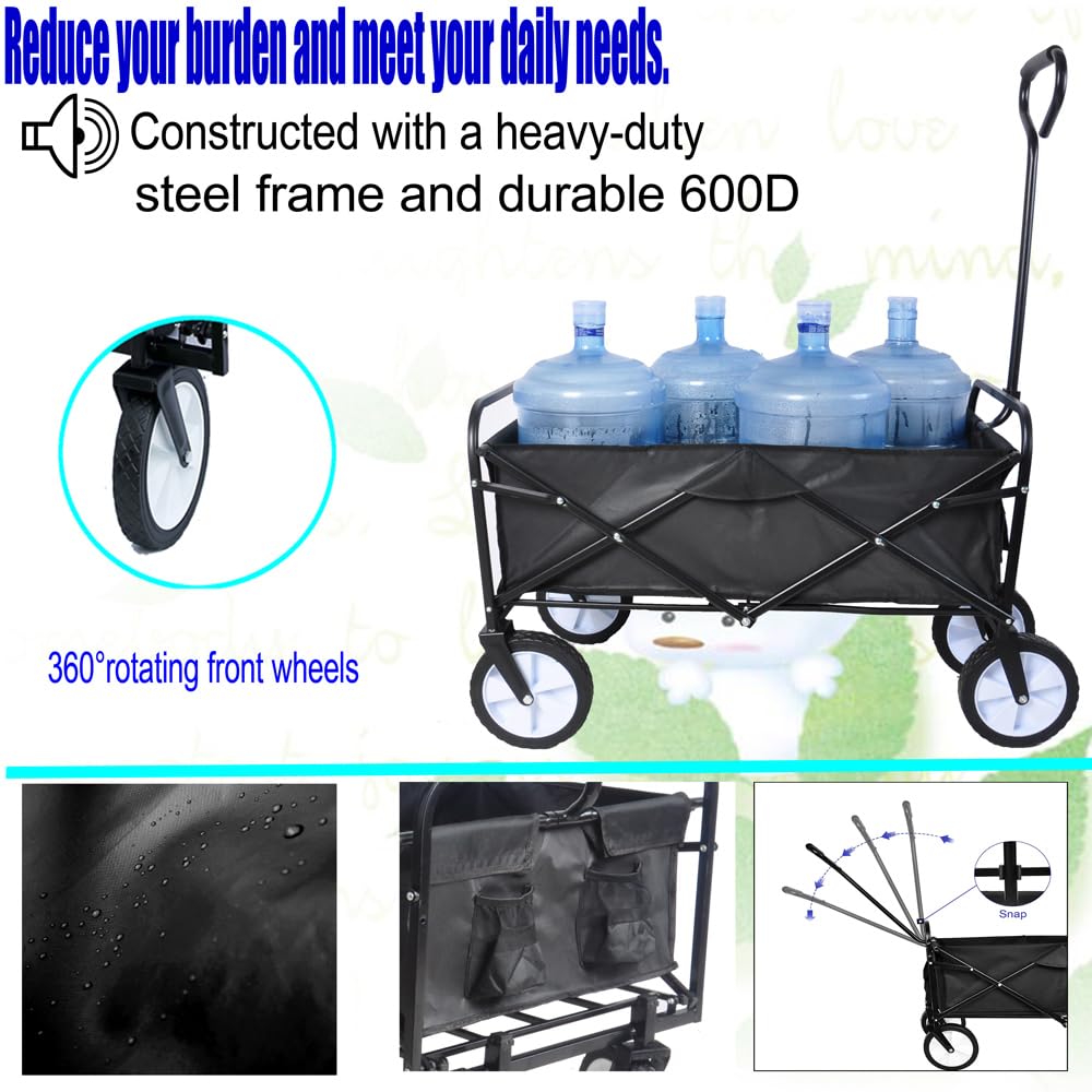 Folding Collapsible Wagon,Large Capacity Outdoor Wagons Carts Heavy Duty Foldable Utility with Big All-Terrain Wheels &2 Side Pocket for Camping,Sports, Garden Shopping Beach Cart(Black)
