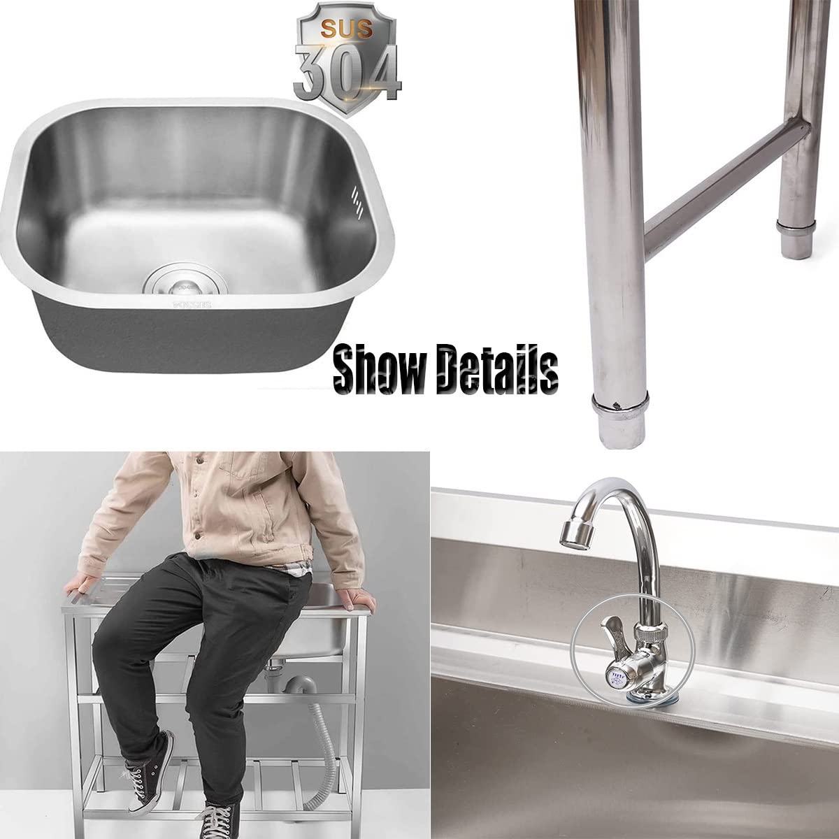 MAYKAR Kitchen Utility Sink Single with Bowl & Drain, Stainless Steel Patio Sink with Left Drainboard for Portable Handwashing Station with Faucet, 1 Compartment Business Sink for Garden/Small Rv