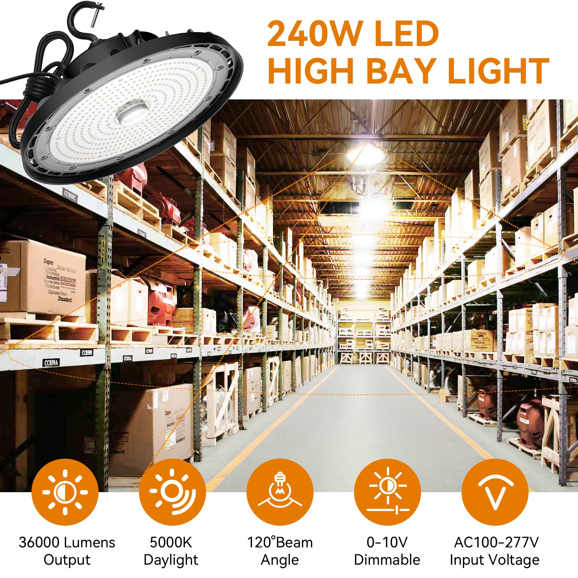 SHINEWOO UFO LED High Bay Light 240W 36,000lm 5000K Daylight, High Bay LED Shop Light 0-10V Dimmable with US Plug 5β Cable, Commercial LED Warehouse Lights, Factory Area Lighting Fixture, 2PCS