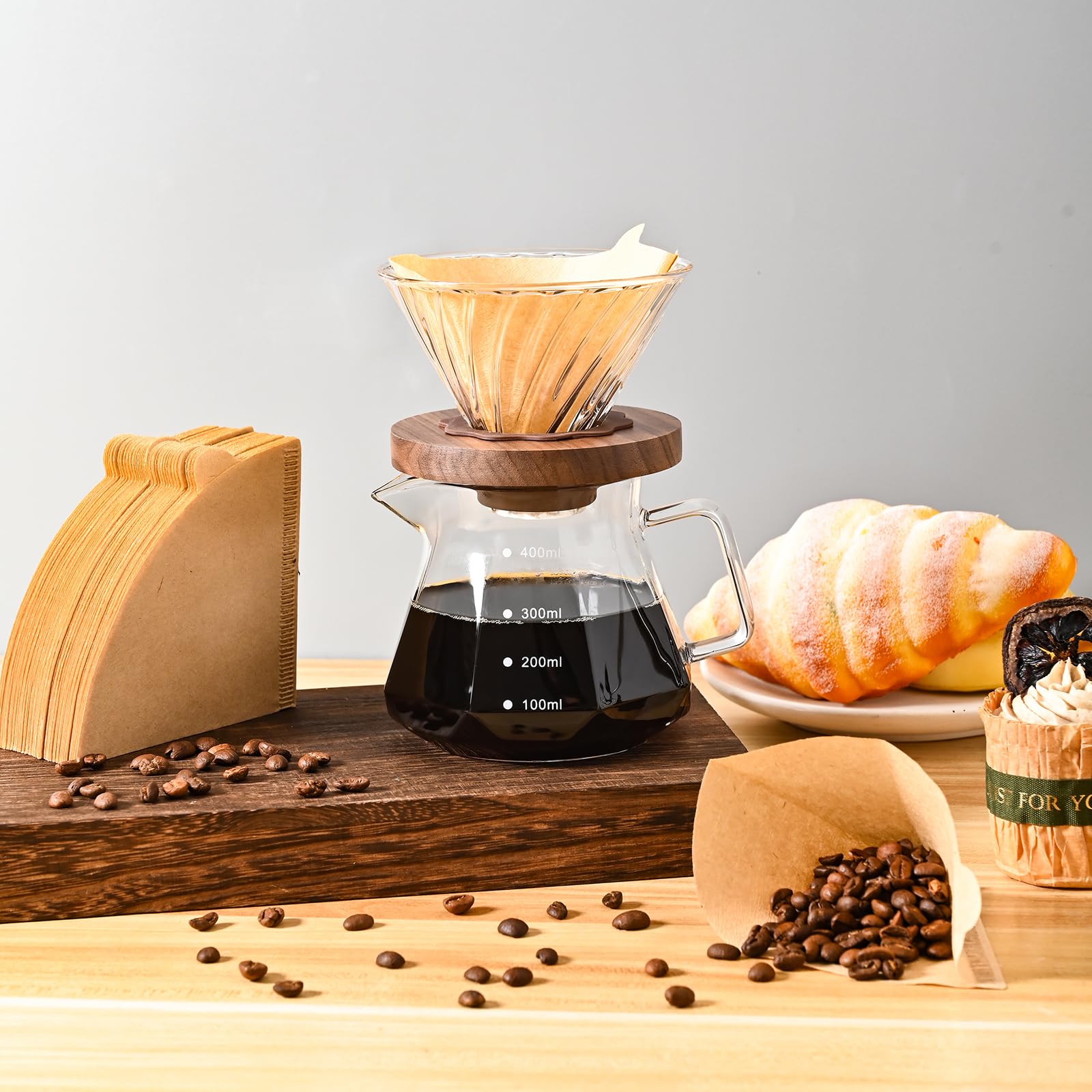 NEWOUGER Pour Over Coffee Maker With Paper Filter 40 Sheets,Transparent 13.5 Oz Pour Over Coffee Dripper Set Borosilicate Glass Coffee Carafe,For Home,Camping, Hiking