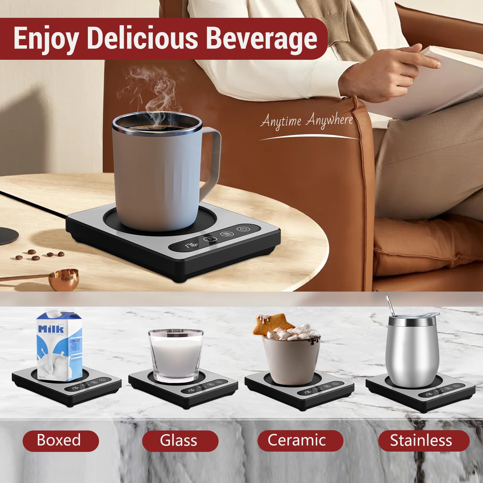 Mug Warmer, Coffee Mug Warmer with LED Display Touch Screen, 9 Temperature Settings Coffee Warmer, 2-12h Timing Mode of Mug Warmer for Desk, Multifunctional Cup Warmer for Milk, Coffee, Tea, Candle