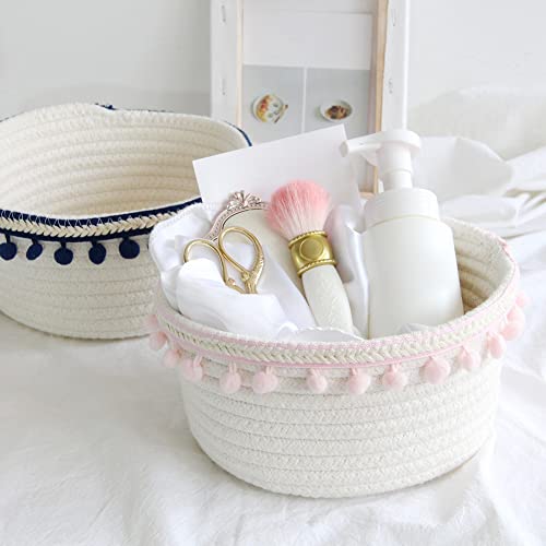 PHEZEN Cotton Rope Basket Bins, Small Woven Storage Baskets for Toy Storage Snacks Clothes Cosmetic Fruits Books Sundries Soft Storage Bins, Boho Woven Storage Baskets Decor Pink (20.5cm x 9.5cm)