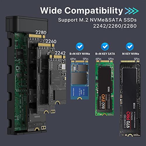 M.2 NVME SSD Enclosure with Cooling Fan, 10 Gbps USB C 3.2 Gen 2 PCIE NVME Adapter, 6Gbps SATA, M.2 Reader with Aluminum Case Support UASP Trim for PCIe M-Key(B+M Key) SSD 2242/2260/2280