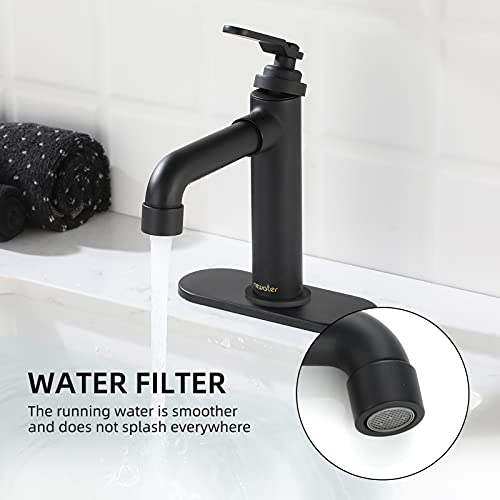 NEWATER Single-Handle Brass Bathroom Sink Faucet One Hole Deck Mount Vanity Faucets Basin Mixer Tap Rv Commercial Lavatory Faucet with Metal Pop Up Drain & Supply Lines,Matte Black